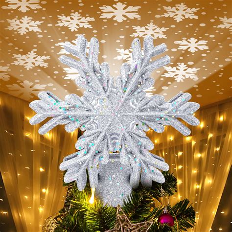 Christmas Tree Topper Lighted Star Tree Topper With Rotating Snowflake Projector Lights Led