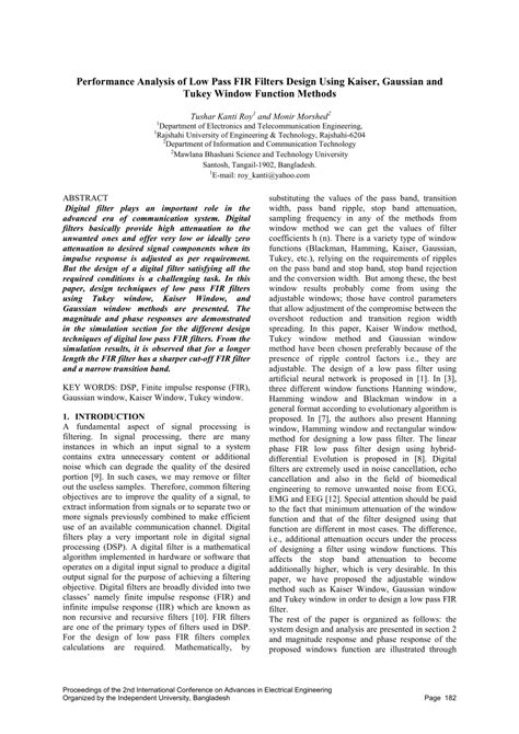 pdf performance analysis of low pass fir filters design using kaiser gaussian and tukey