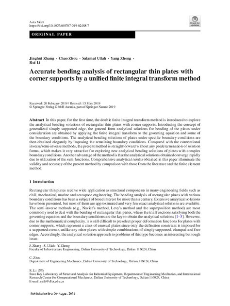 Pdf Accurate Bending Analysis Of Rectangular Thin Plates With Corner Supports By A Unified