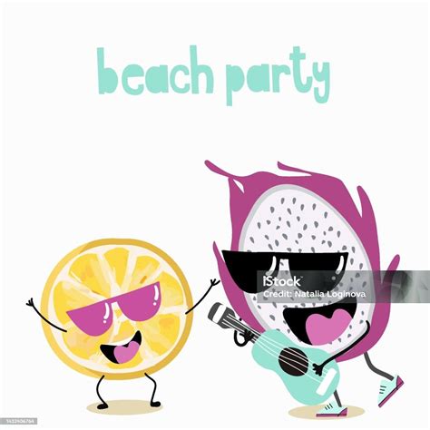재미있는 캐릭터 만화 안경 레몬 피타야 우쿨렐레가있는 드래곤 과일 기타 재미있는 과일 해변 파티 비문의 벡터 일러스트 레이 션 0명에 대한 스톡 벡터 아트 및 기타 이미지