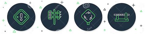Set Line Traffic Light Roundabout Traffic Sign Exclamation Mark In Triangle And Parking Car