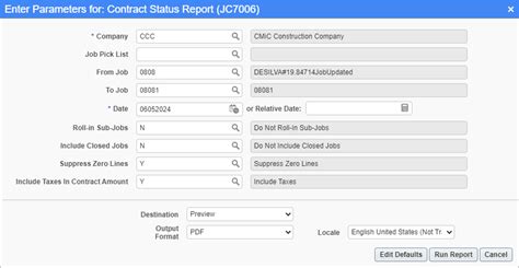 Job Costing Contract Status Report