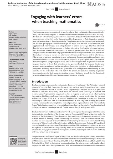 Pdf Engaging With Learners Errors When Teaching Mathematics