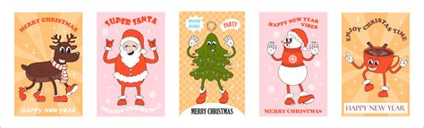 산타 마스코트 사슴 복고풍 세트의 눈사람 메리 크리스마스 핫 티 커피 컵 새해 복 많이 받으세요 트리 홀리 유쾌한 컬렉션 벡터 1950 1959 년에 대한 스톡 벡터 아트