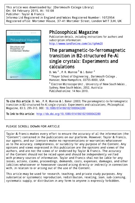 Pdf The Paramagnetic To Ferromagnetic Transition In B2 Structured Fe Al Single Crystals