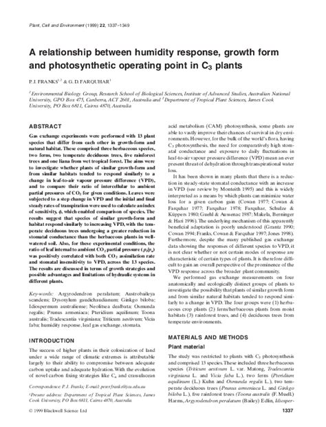Pdf A Relationship Between Humidity Response Growth Form And Photosynthetic Operating Point