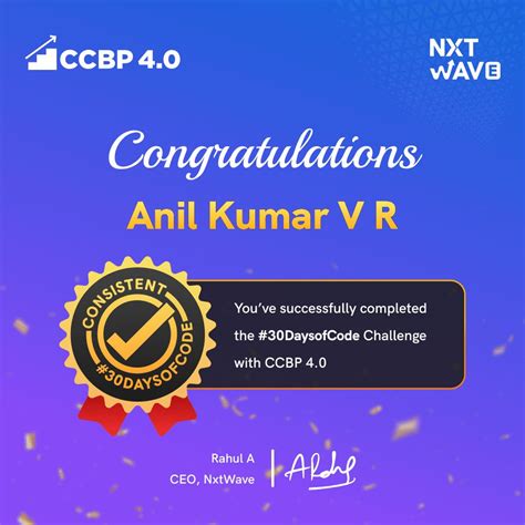 Completed 30daysofcode Challenge With Nxtwave Anil Kumar V R Posted