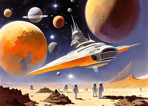 1950s Science Fiction Illustration Of Astronauts On A Planets Surface