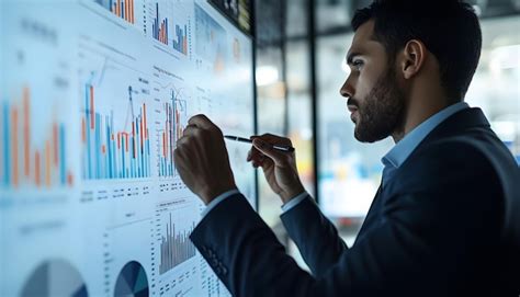 Businessman Analyzing Data On A Large Interactive Screen Premium Ai Generated Image