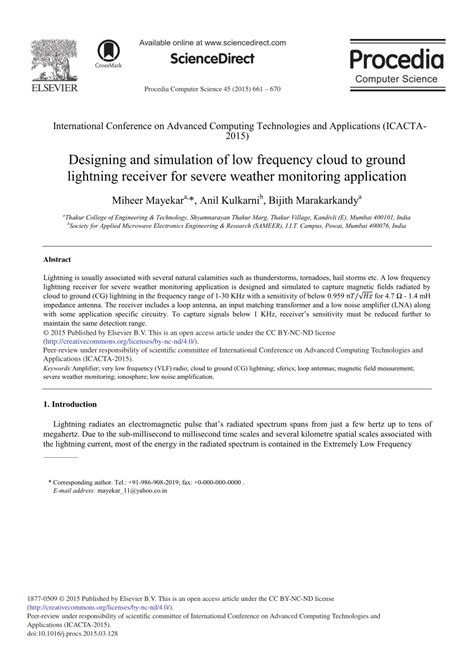 PDF Designing And Simulation Of Low Frequency Cloud To Ground Lightning Receiver For Severe