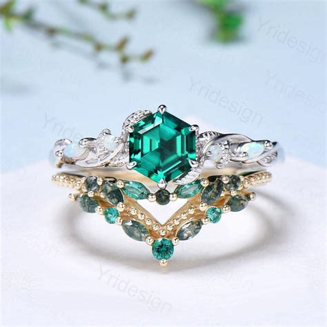 Unique Hexagon Cut Emerald Wedding Set Nature Inspired Opal Emerald E