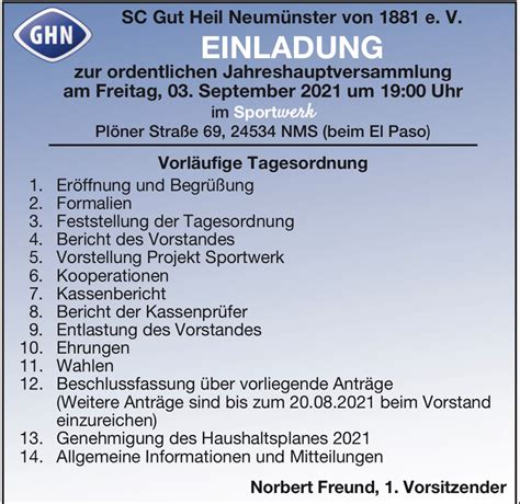 Jahreshauptversammlung Am 03092021 • Sc Gut Heil Neumünster