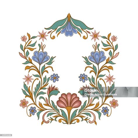 디자인을 위한 장식적인 Mughal 장식적인 구조입니다 꽃과 단풍이 있는 빈티지 전통 민족 스타일 꽃 식물에 대한 스톡 벡터