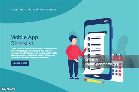일상 업무의 체크 리스트와 모바일 응용 프로그램을 사용하는 남자 광고에 대한 스톡 벡터 아트 및 기타 이미지 광고 달력 생존 Istock