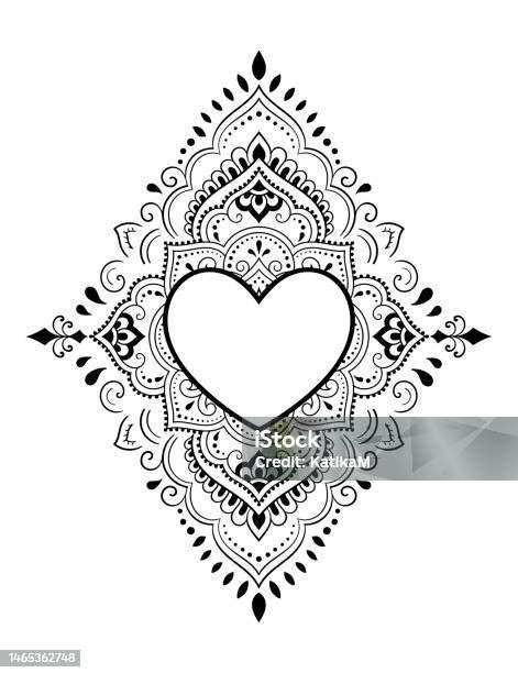 하트 모양의 프레임이있는 만다라 형태의 원형 패턴 민족 동양 멘디 스타일의 장식 장식 장식 윤곽 낙서 손 그리기 벡터 그림 안티