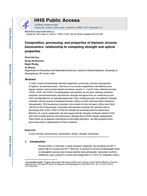 Composition Processing And Properties Of Biphasic Zirconia Bioceramics Relationship To