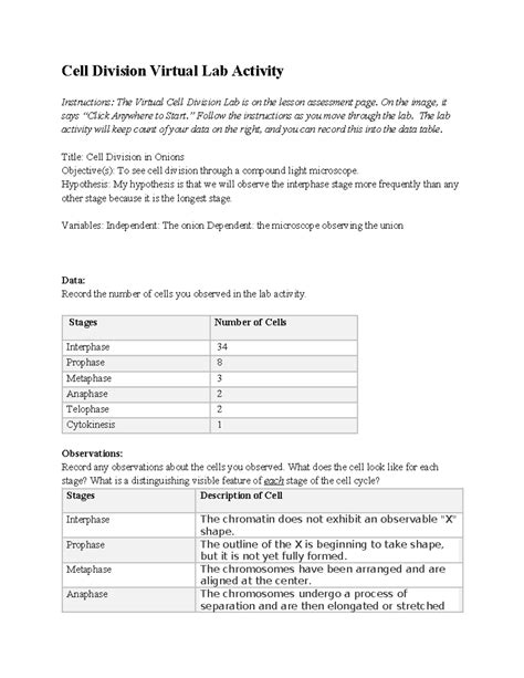 Cell Division Virtual Lab Activity Cell Division Virtual Lab Activity Instructions The