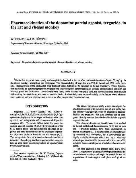 Pdf Pharmacokinetics Of The Dopamine Partial Agonist Terguride In