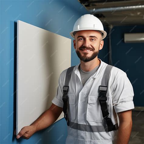 Premium Photo Plasterboard Installer On Plain Blue Background