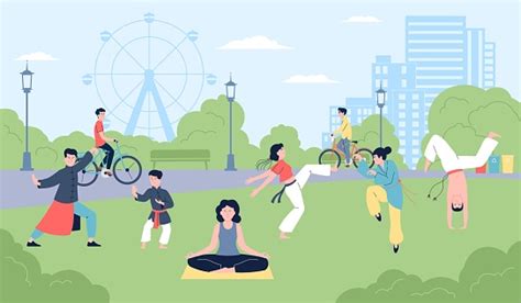 도시 공원에서 스포츠를 훈련하는 사람들 스트레칭과 자전거 활동적인 운동과 명상 성인과 청소년을위한 야외 피트니스 자연에 휴식 최근 벡터 장면 개에 대한 스톡 벡터 아트 및