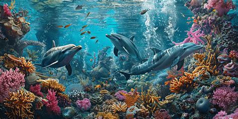 두 마리의 돌고래가 무수히 많은 다채로운 물고기와 해양 생물로 둘러싸인 생기 넘치는 산호초 사이를 우아하게 헤엄칩니다 돌고래 산호초 해양 생물 배경 일러스트 및 사진