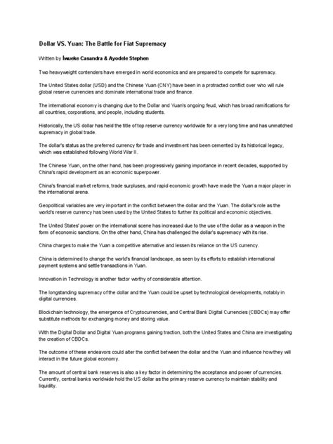 Dollar Vs Yuan The Battle For Fiat Supremacy Pdf Renminbi