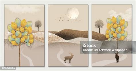 일러스트 레이 션 벽 포스터 장식 풍경 예술 청록색과 황금 잎이있는 다채로운 나무 새와 달이있는 밝은 3d 배경의 갈색 산 0명에 대한 스톡 사진 및 기타 이미지 Istock