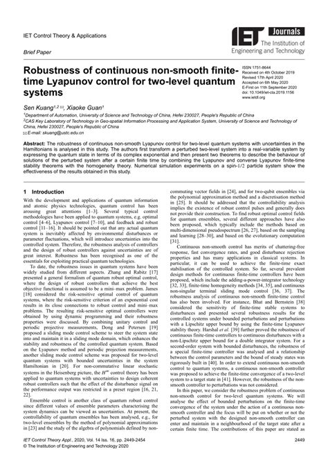 Pdf Robustness Of Continuous Non Smooth Finite Time Lyapunov Control For Two Level Quantum Systems
