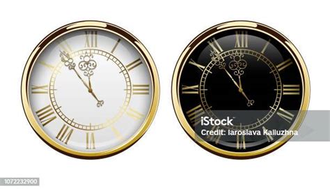 빈티지 럭셔리 황금 벽 시계 흰색 배경에 고립 된 로마 숫자 검은색과 흰색 라운드 시계얼굴 다이얼 글로시 골드 프레임 반지입니다 유리 아래 시간 규모입니다 벡터 아이콘