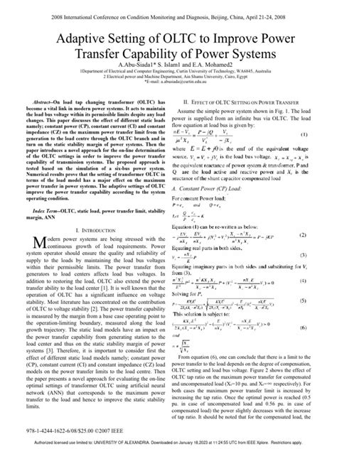 Adaptive Setting Of Oltc To Improve Power Transfer Capability Of Power Systems Pdf