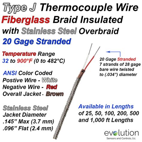Type J Thermocouple Wire 20 Gage Stranded With Stainless Steel Braid Evolution Sensors And
