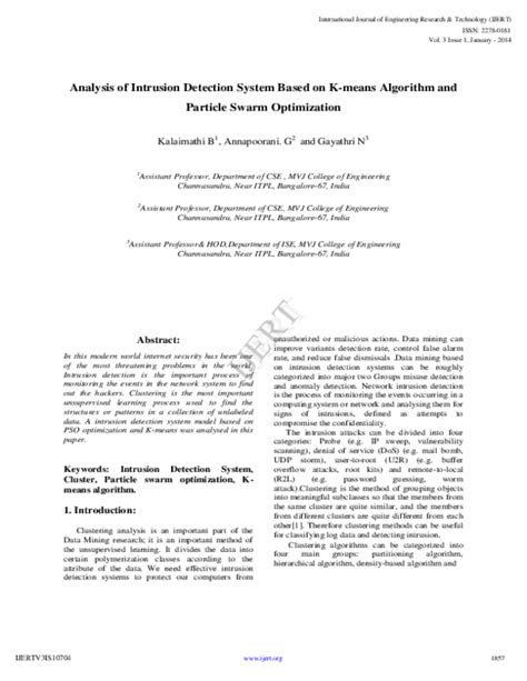 pdf ijert analysis of intrusion detection system based on k means algorithm and particle swarm