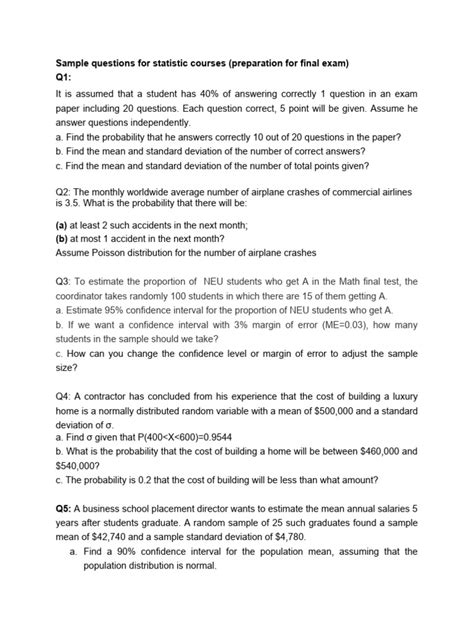 Sample Questions Pdf Standard Deviation Sampling Statistics