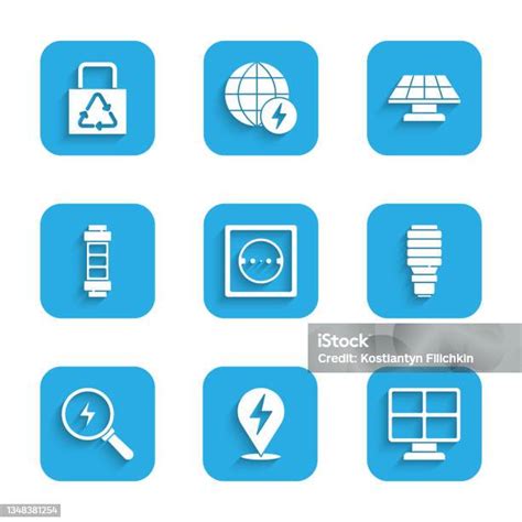 전기 콘센트 번개 볼트 태양 에너지 패널 Led 전구 배터리 및 재활용 아이콘이있는 종이 봉투를 설정합니다 벡터 0명에 대한