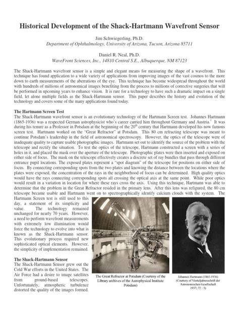Historical Development Of The Shack Hartmann Wavefront Sensor Pdf Visual Acuity Telescope