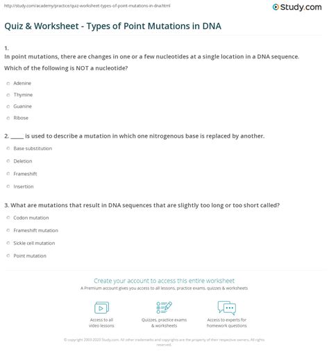 Quiz And Worksheet Types Of Point Mutations In Dna