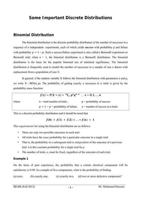 Some Important Discrete Distributions Binomial Distribution