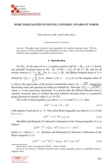 Pdf Some Inequalities Involving Unitarily Invariant Norms