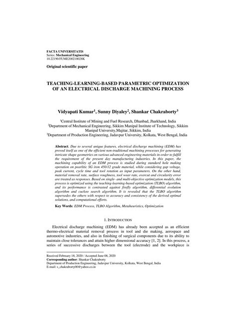 Solution Teaching Learning Based Parametric Optimization Of An Electrical Discharge Machining