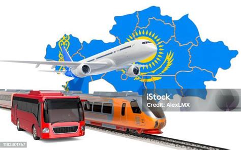 버스 기차와 비행기 개념에 의해 카자흐스탄 여객 수송 흰색 배경에서 격리된 3d 렌더링 3차원 형태에 대한 스톡 사진 및 기타