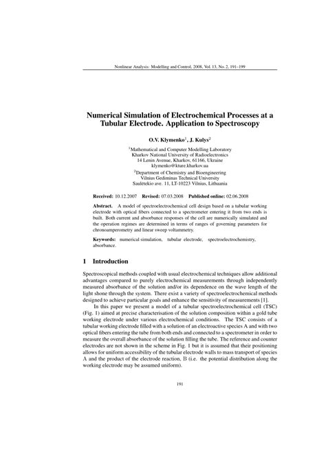 Pdf Numerical Simulation Of Electrochemical Processes At A Tubular