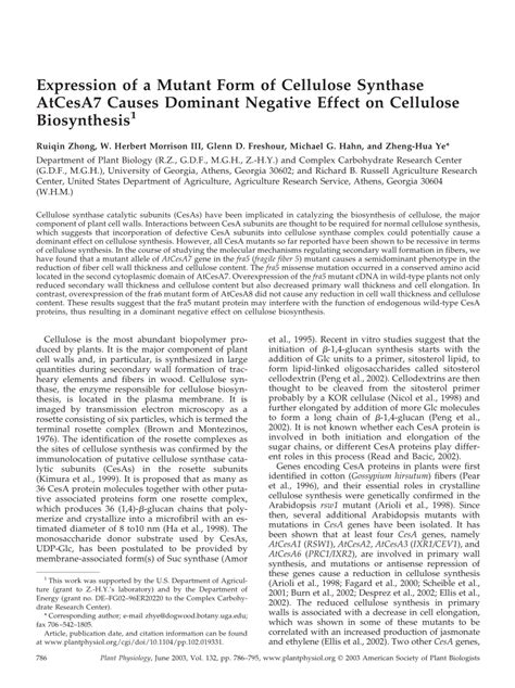 Pdf Expression Of A Mutant Form Of Cellulose Synthase Atcesa7 Causes