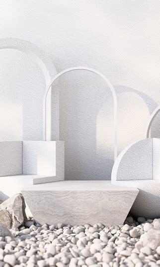 제품 프레젠테이션을 위한 최소한의 화장품 배경 회색 색상 콘크리트 벽 배경에 돌과 나무 바위 아크 기하학적 형태와 연단 3d 렌더링 그림입니다 돌 바위에 대한 스톡 사진 및