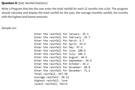 Solved Question 6 List Rainfall Statistics Write A