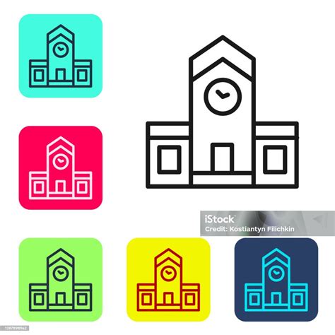 흰색 배경에 격리 된 검은 줄 기차역 아이콘 색상 정사각형 단추로 아이콘을 설정합니다 벡터 개념에 대한 스톡 벡터 아트 및 기타 이미지 Istock