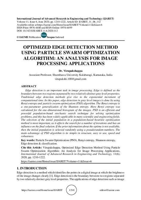 Pdf Optimized Edge Detection Method Using Particle Swarm Optimization Algorithm An Analysis