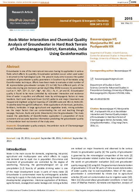 Pdf Rock Water Interaction Andchemical Quality Analysis Ofgroundwater In Hard Rockterrain Of