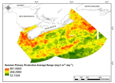 Interpolated Prediction Surface Of Summer Primary Production Average