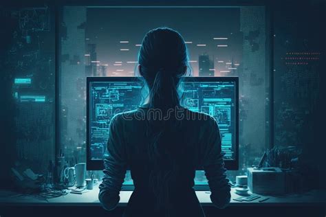 Back View Of Girl Programmer Working At Night On Pc Writing Code For Computer Programs