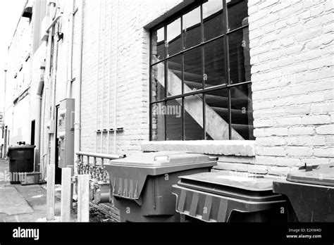 Garbage Cans Line The Wall Of An Alley With A Stairway Visible Through